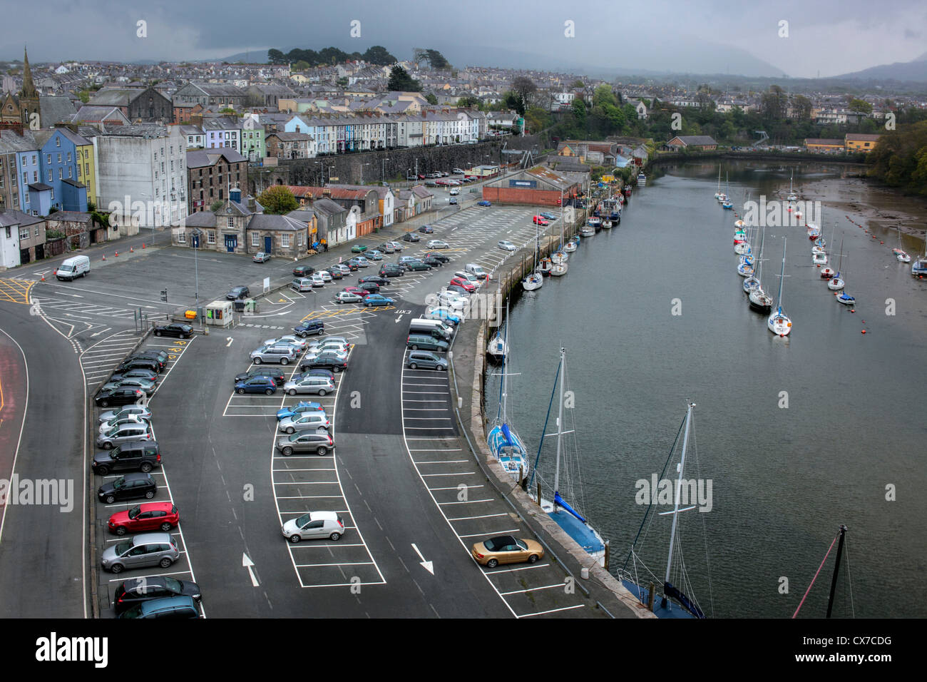View of city from the castle, Caernarfon, Gwynedd, Wales, UK Stock ...