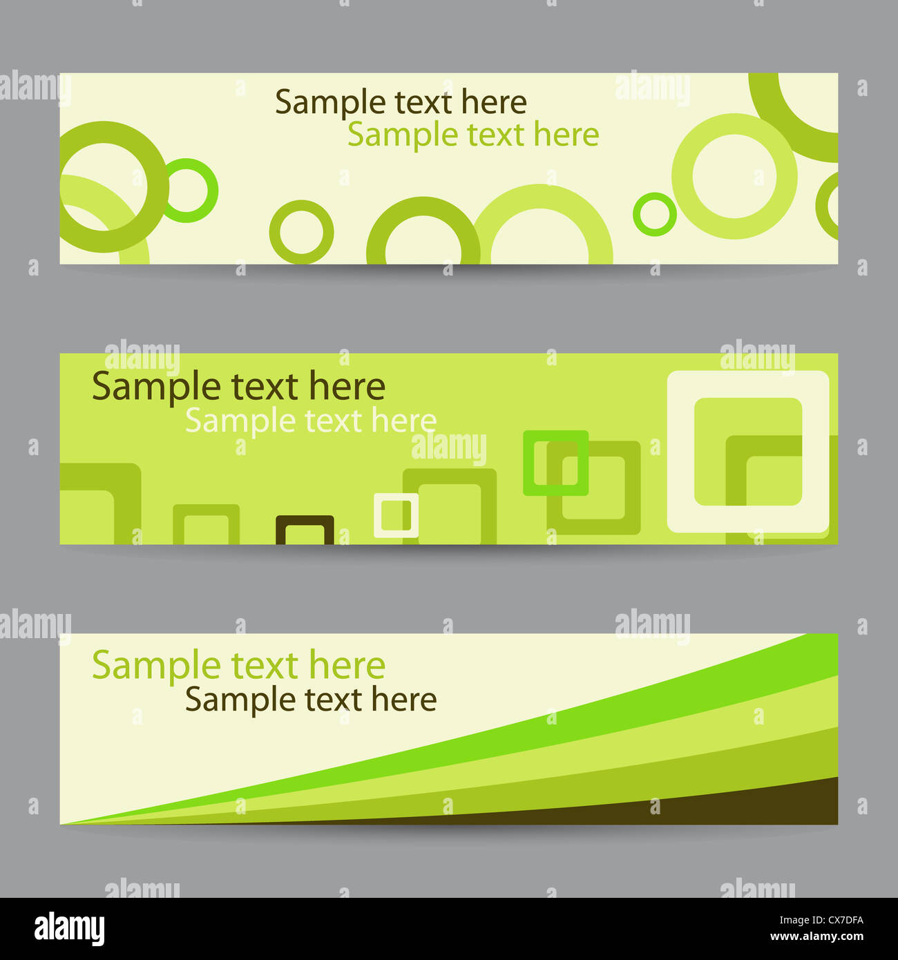 Collection of green horizontal banners with circles, squares and ribbon ...
