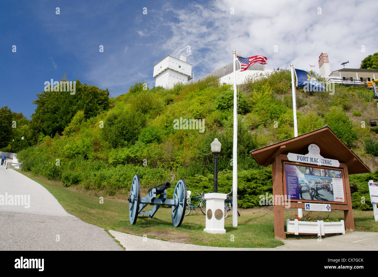 Michigan, Mackinac Island. Park view with Fort Mackinac, founded in ...