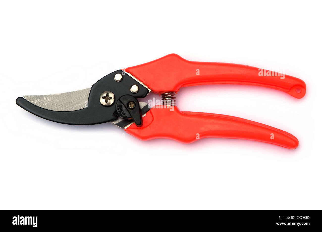Red garden secateurs isolated on a white background Stock Photo - Alamy