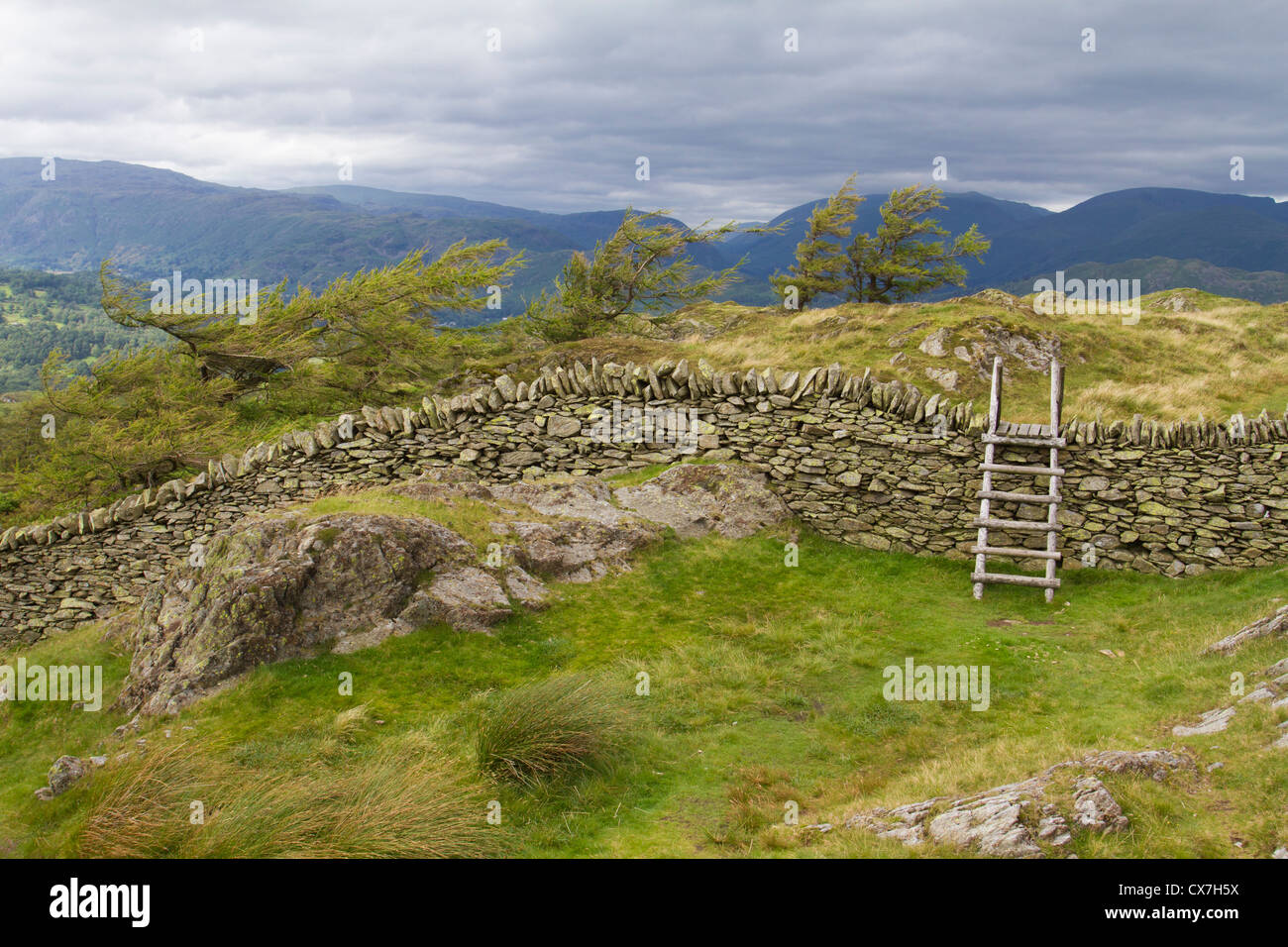 Stile over dry-stone wall on Black Crag, Lake District, England Stock ...