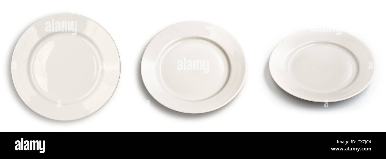 Set of round plates isolated on white with different angle of view ...