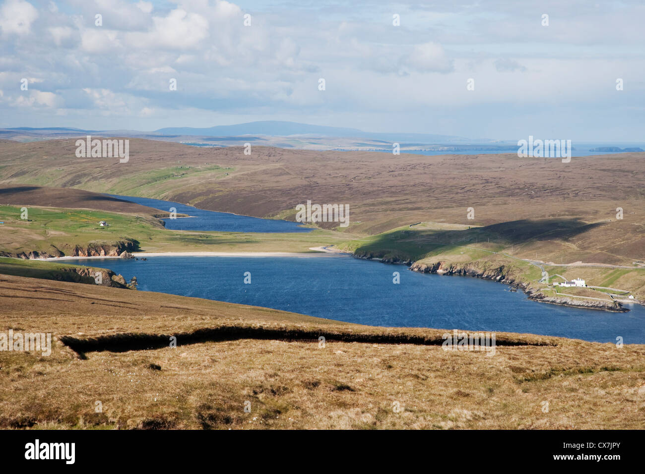 View across Burra Firth from Hermaness Hill Unst, Shetland, UK LA005900 ...