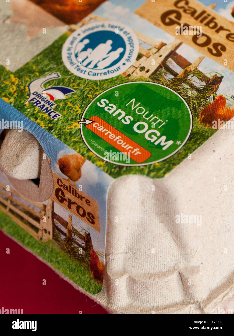 A packet of eggs with a label indicating no Genetically Modified ...