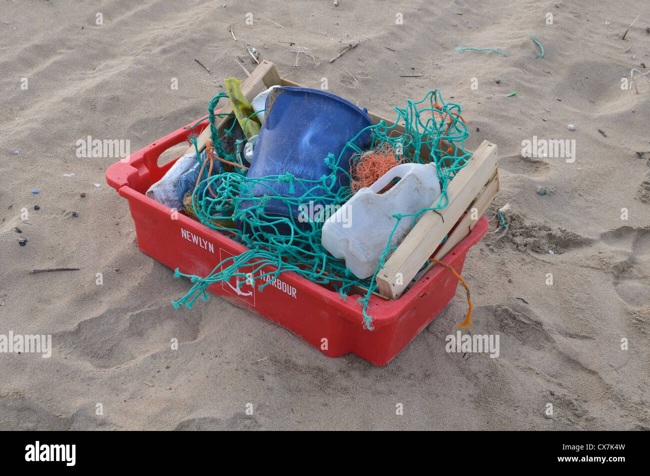 Collection of assorted flotsam / shoreline rubbish on sandy beach ...