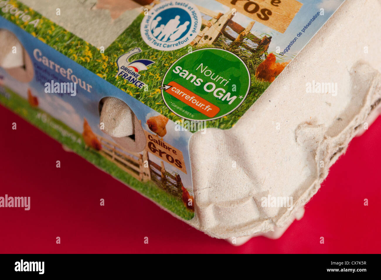 A packet of eggs with a label indicating no Genetically Modified ...