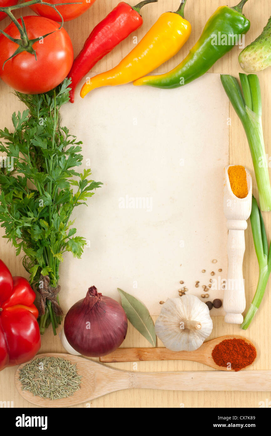 Vegetables and spices border and blank paper for recipes Stock Photo ...