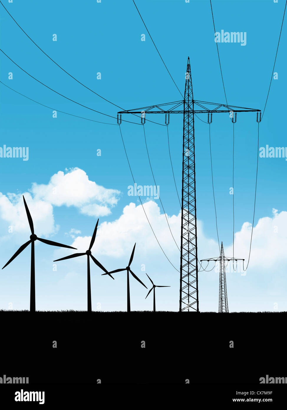 Electricity pylons and wind turbines Stock Photo - Alamy