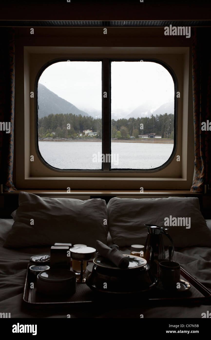 View of Juneau, Alaska thru bedroom window of a passenger ship Stock ...