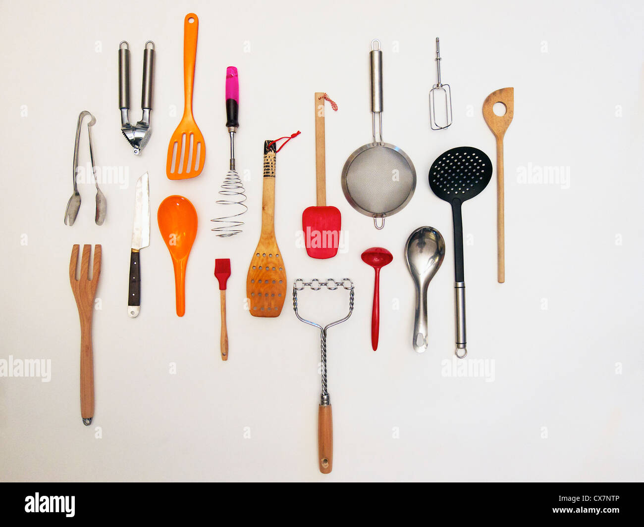 Overhead shot of kitchen utensils which appear to be hanging Stock ...
