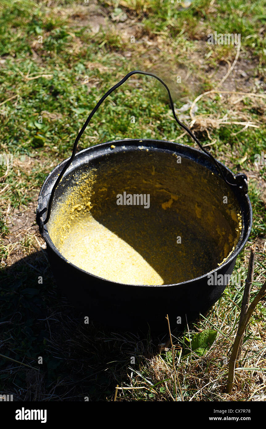 Close up view of a black metallic pot on a green lawn Stock Photo - Alamy