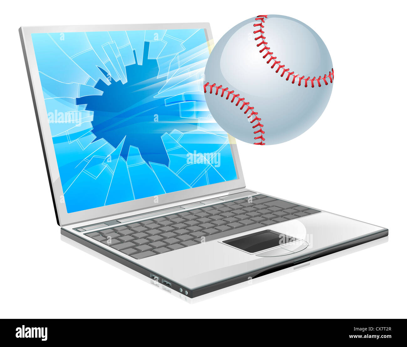 Illustration of a baseball ball flying out of a broken laptop computer ...