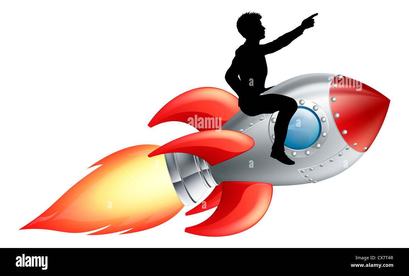 A businessman seated riding a rocket. Concept for innovation, success ...