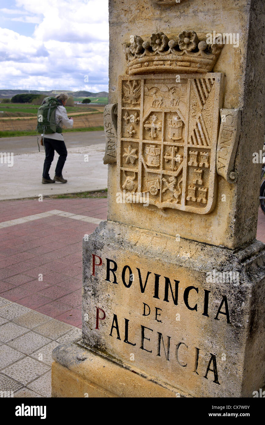 Pilgrim walker passing palencia province sign hi-res stock photography ...
