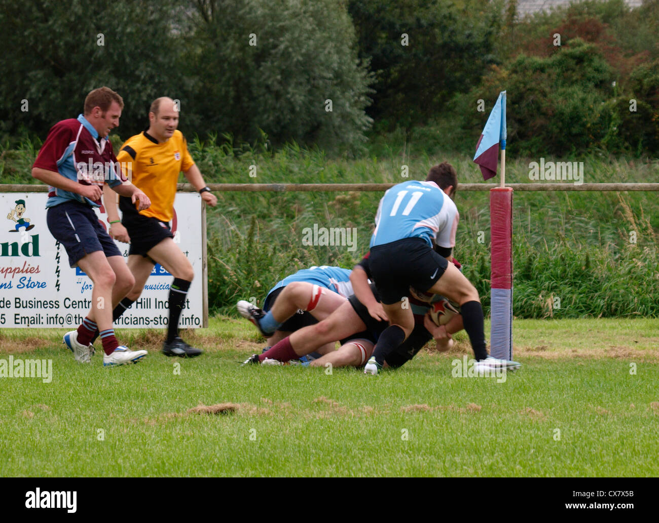 Rugby, Scoring a try in the corner, Bude vs Bodmin, Cornwall, UK Stock ...