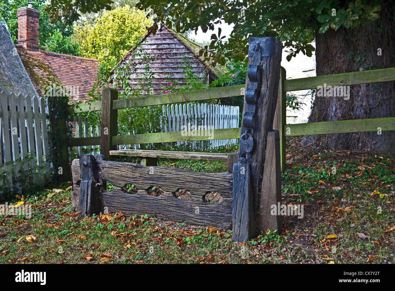 Ancient stocks outside the church at Brent Pelham, Herts Stock Photo ...