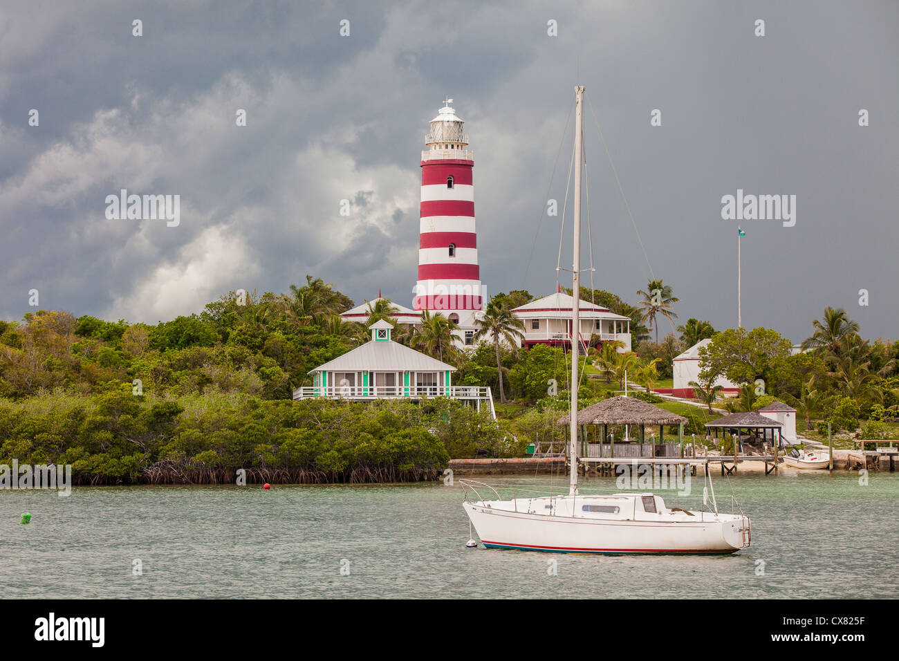 Hope Town lighthouse and harbor Elbow Cay Abacos, Bahamas Stock Photo ...