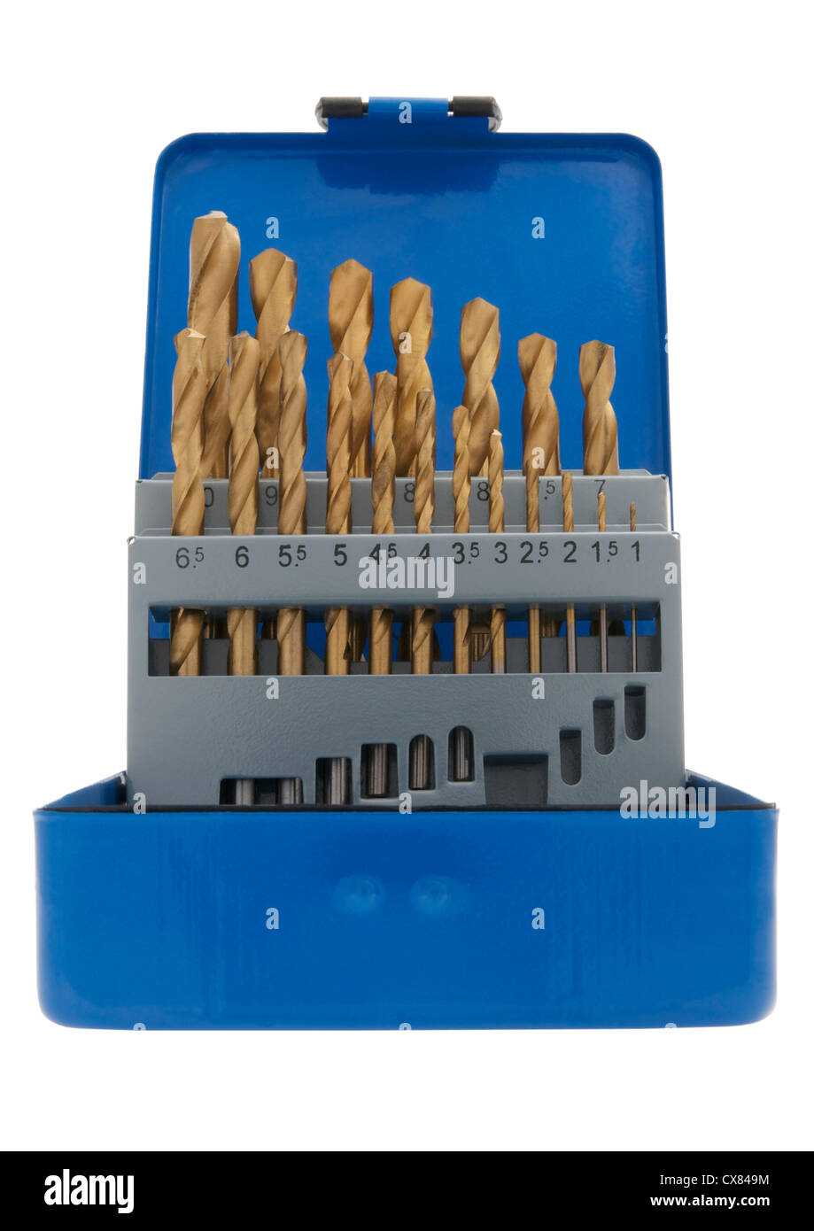 Drill bits set in blue metal box on white background Stock Photo - Alamy