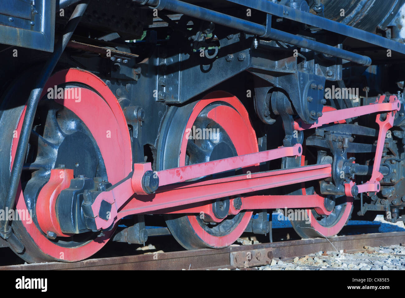 Detail of wheels and running gear of a steam locomotive set up as ...