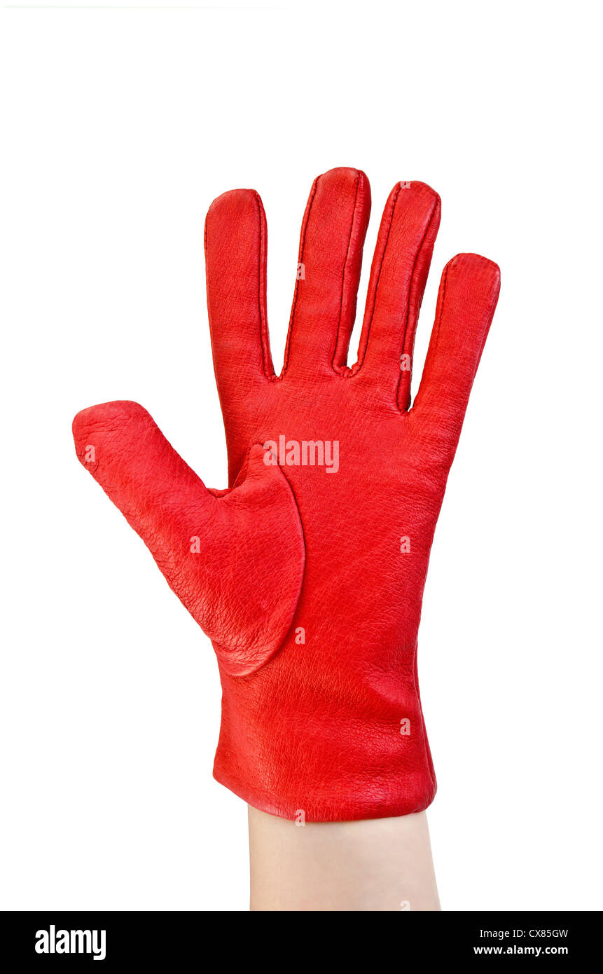 Red leather glove on the hand isolated on white background Stock Photo ...