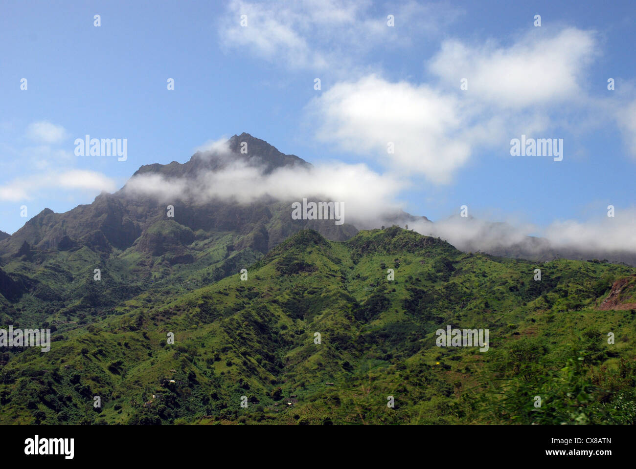 The rugged mountains of Santiago Island, Cape Verde (Cabo Verde), lush ...