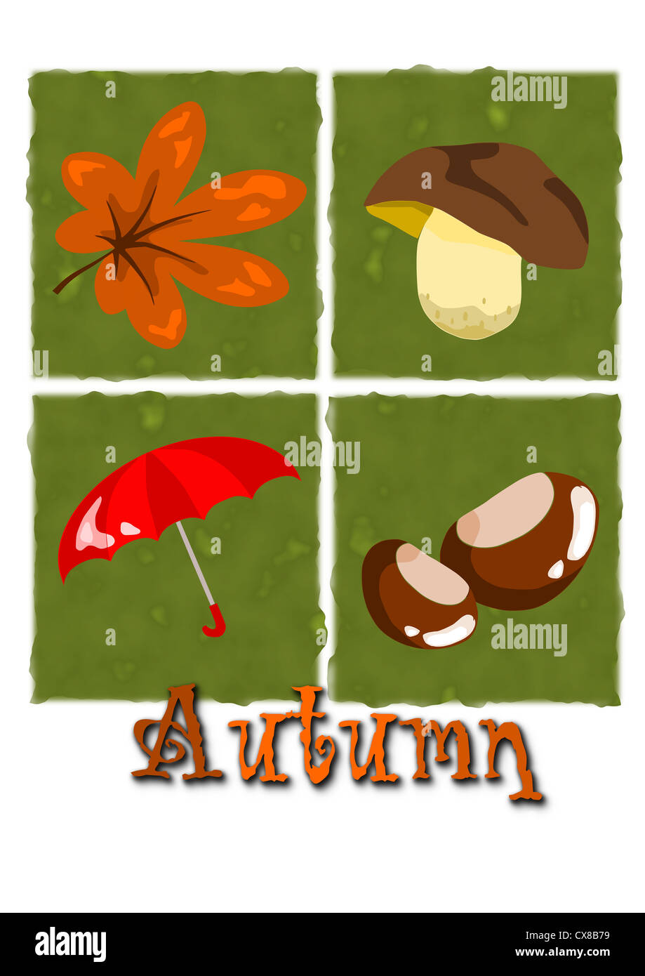 Four autumn symbols on green background Stock Photo - Alamy