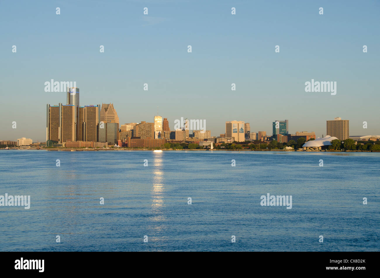 Michigan, Detroit. Early morning city skyline view of downtown Detroit ...
