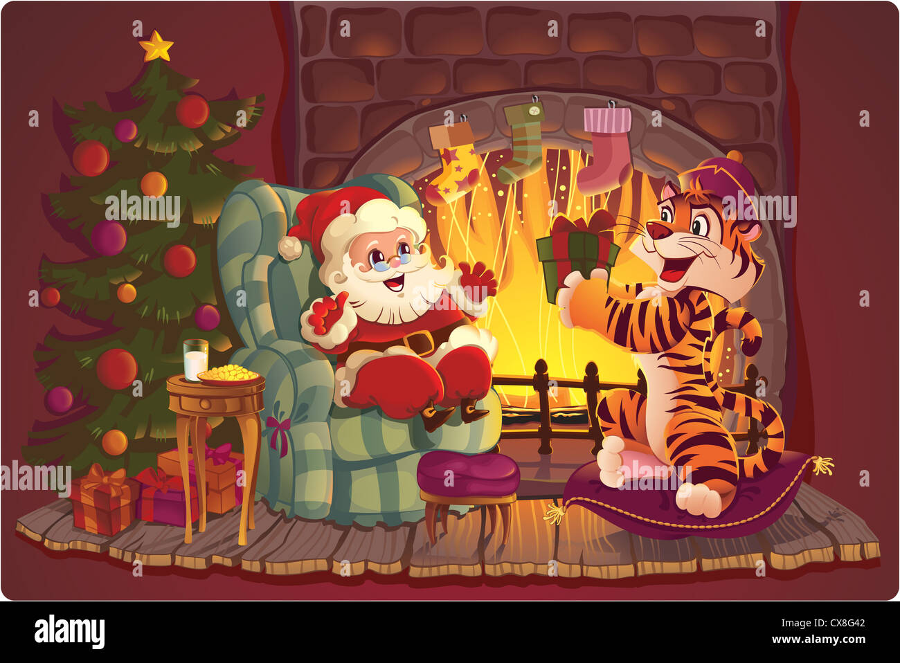 Cute Christmas illustration with Santa Claus and Tiger Stock Photo - Alamy