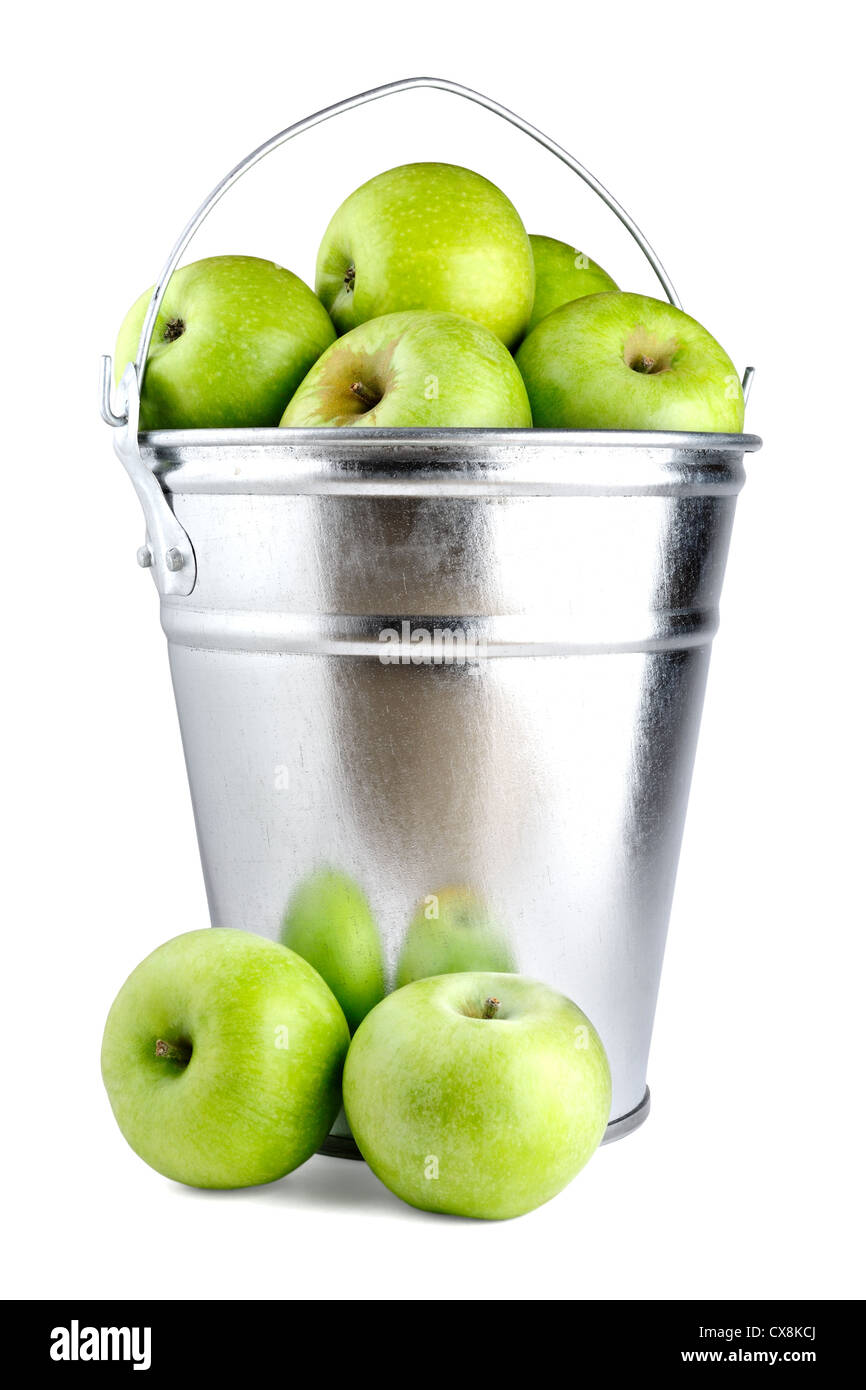 Green apples in bucket isolated on white background Stock Photo - Alamy