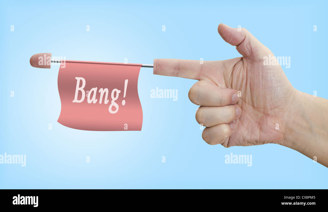 Playing with the gun hand. The bang flag, comes out from the finger ...