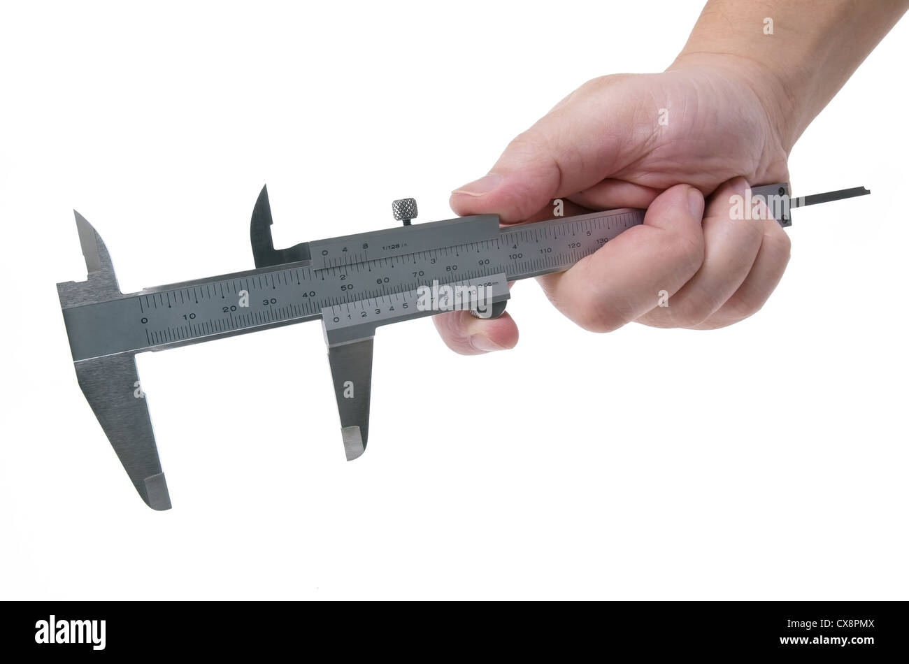 Hand using a caliper to measure on a white background Stock Photo - Alamy
