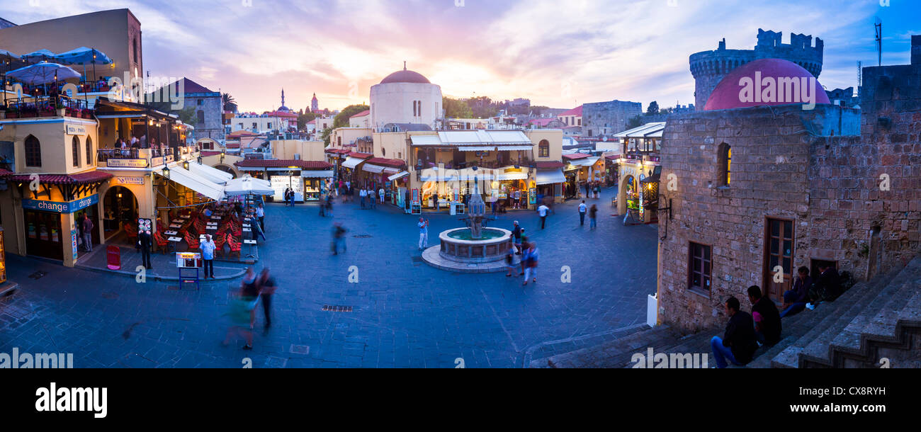 Evening in Hippocrates square in the historic Old Town of Rhodes Greece ...