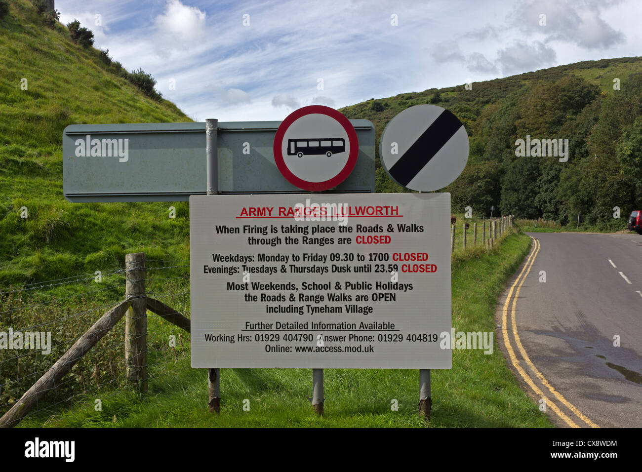 Advisory road sign Lulworth Army Ranges opening times Stock Photo - Alamy