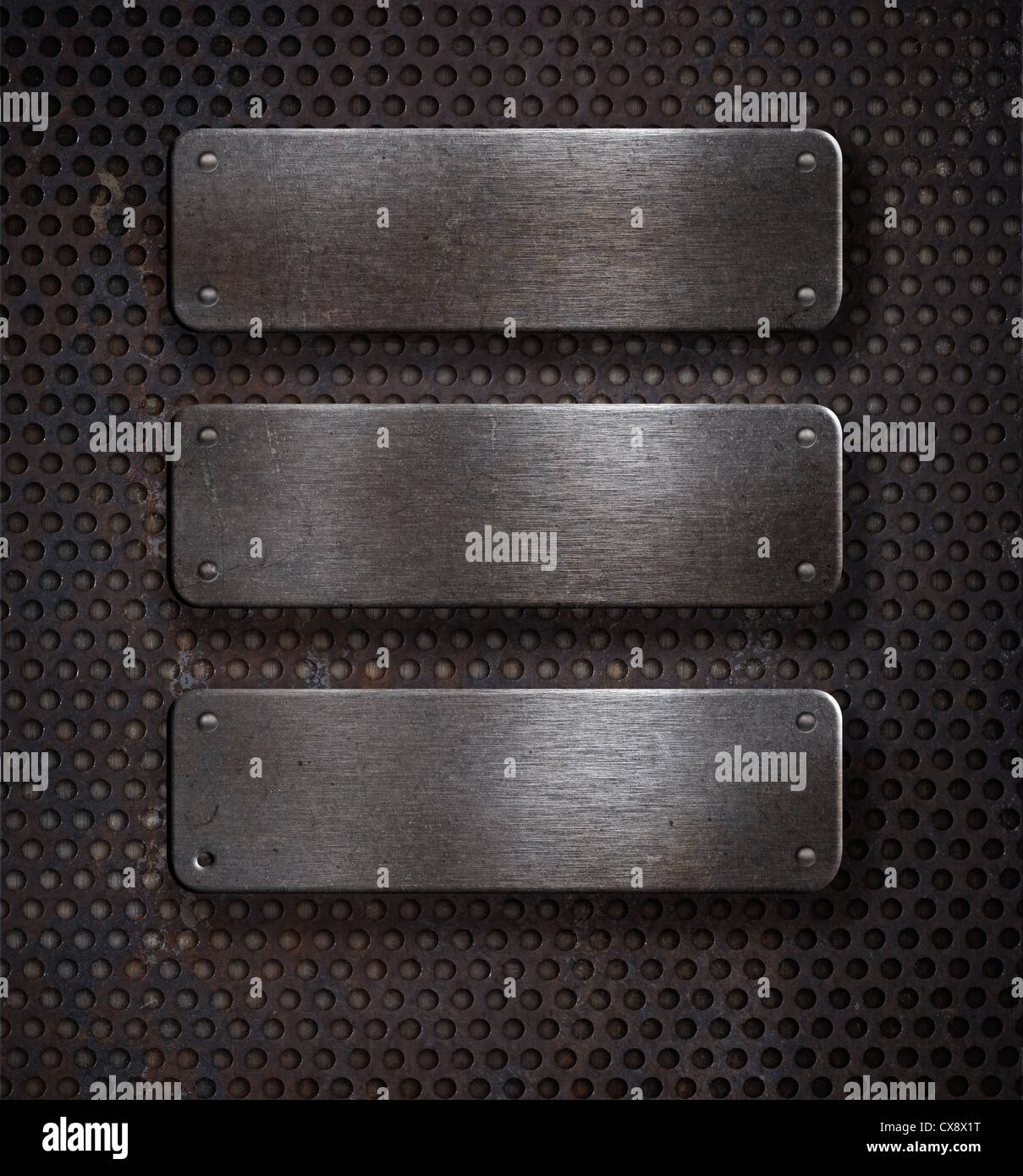 three grunge rusty metal plates over grid background Stock Photo - Alamy