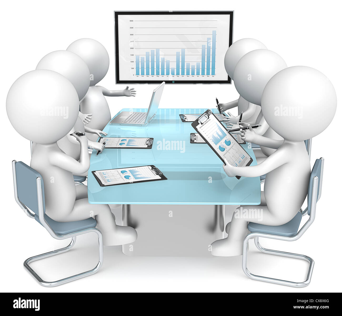 Business meeting. 3D little human characters X6 during business review ...