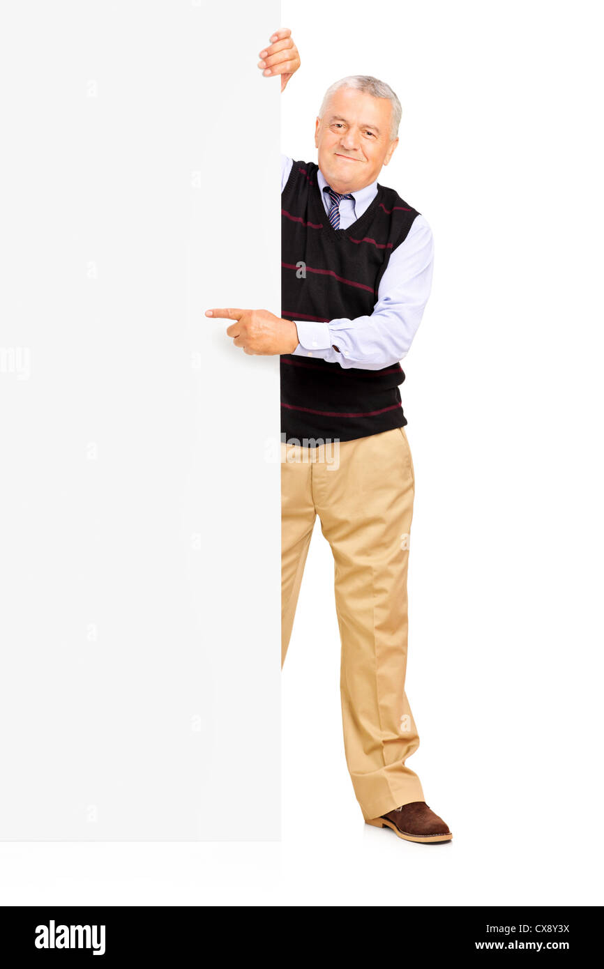 Full length portrait of a gentleman pointing on a blank banner Stock ...