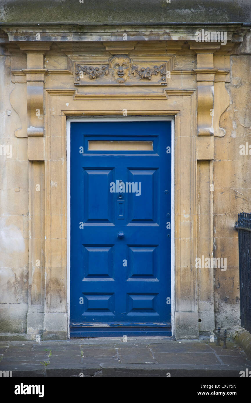 Blue wooden front door with flat pediment of Georgian building in Bath ...