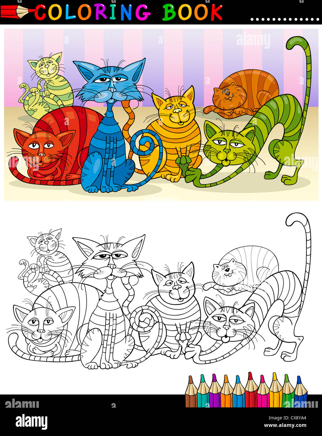 Coloring Book or Page Cartoon Illustration of Fantasy Cats for Children ...