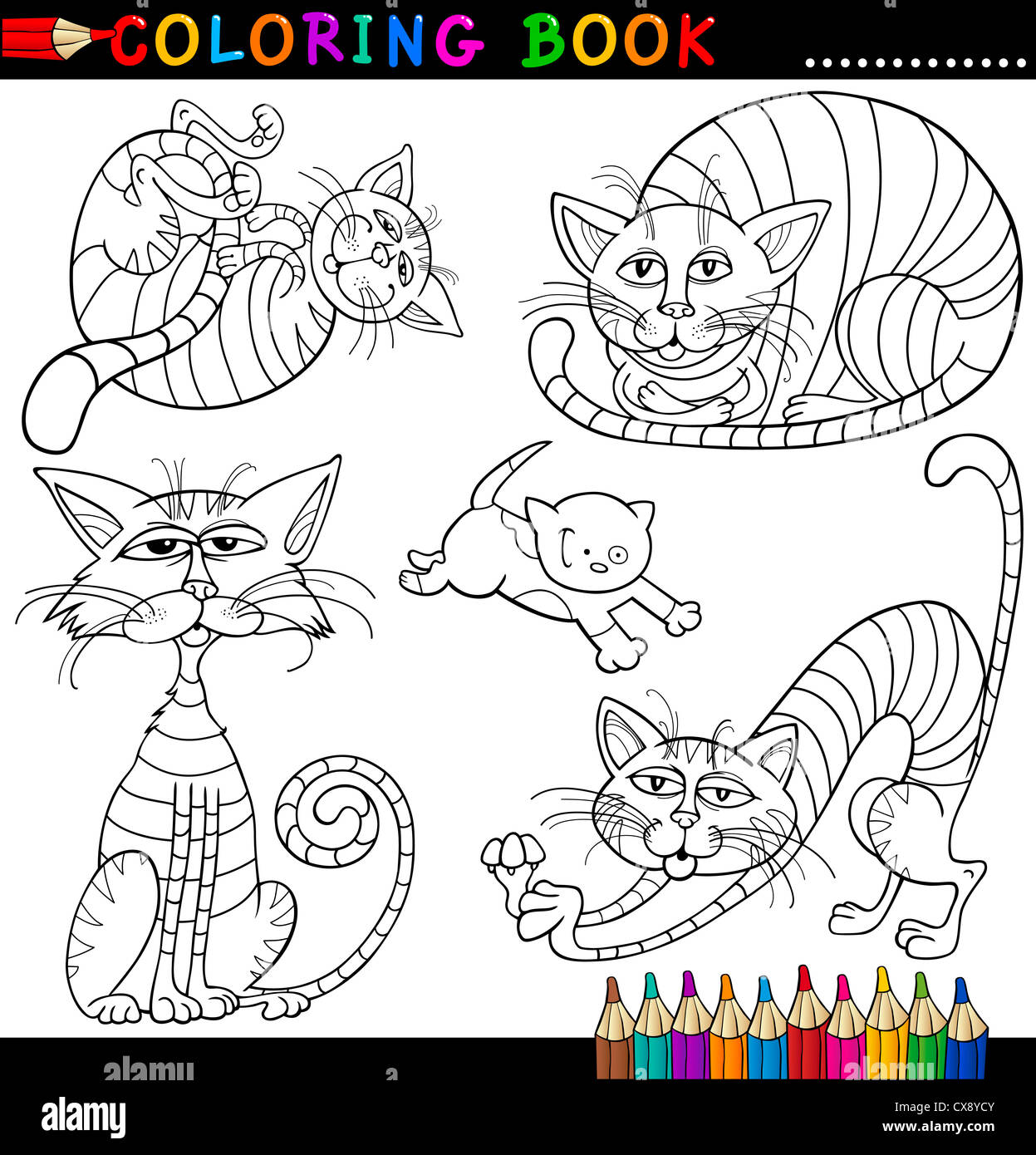 Coloring Book or Page Cartoon Illustration of Funny Cats for Children ...