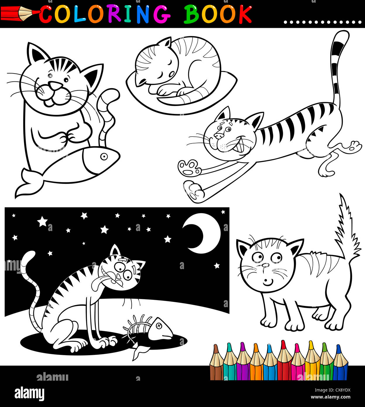 Coloring Book or Page Cartoon Illustration of Funny Cats for Children ...
