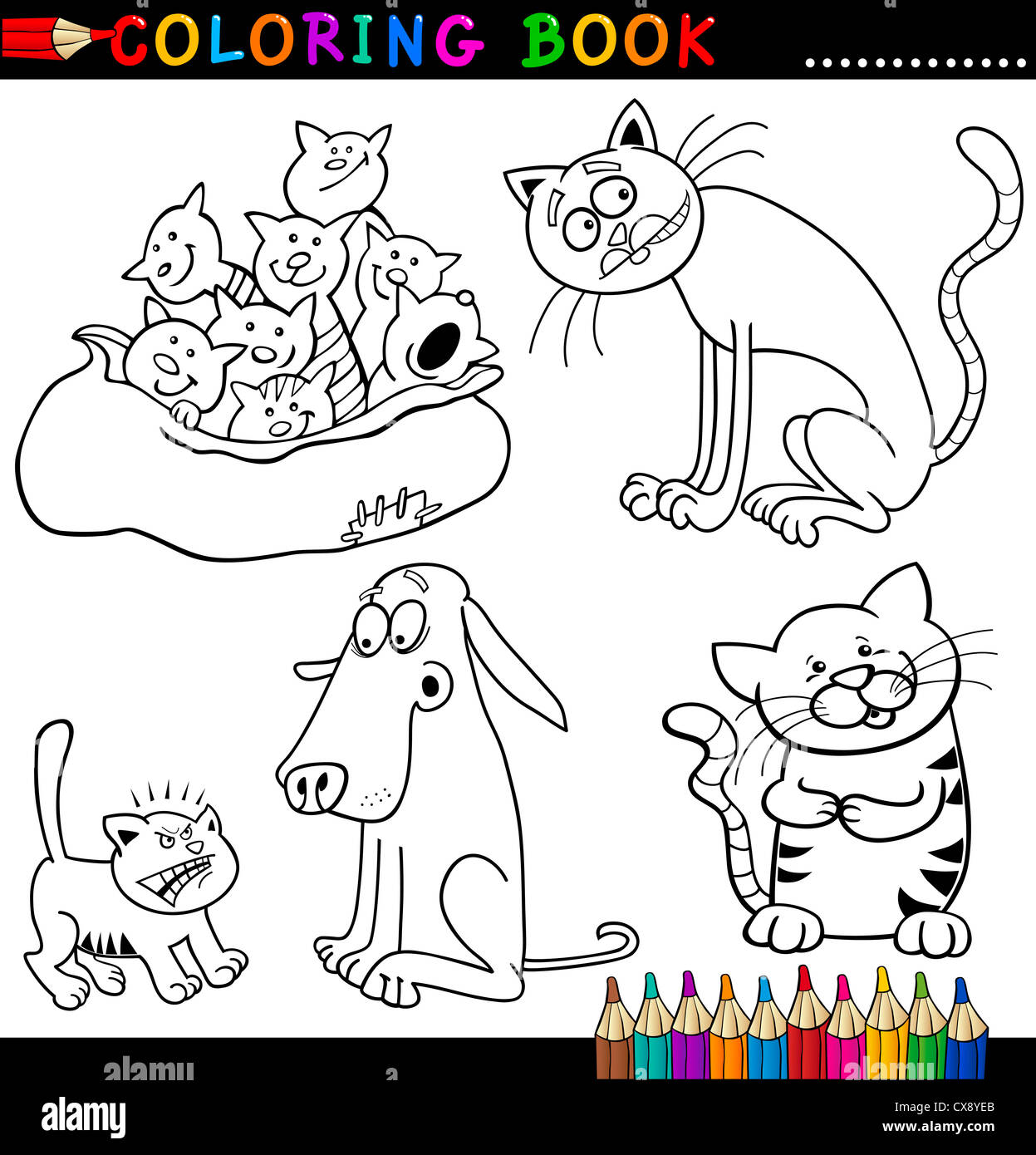 Coloring Book or Page Cartoon Illustration of Funny Cats for Children ...