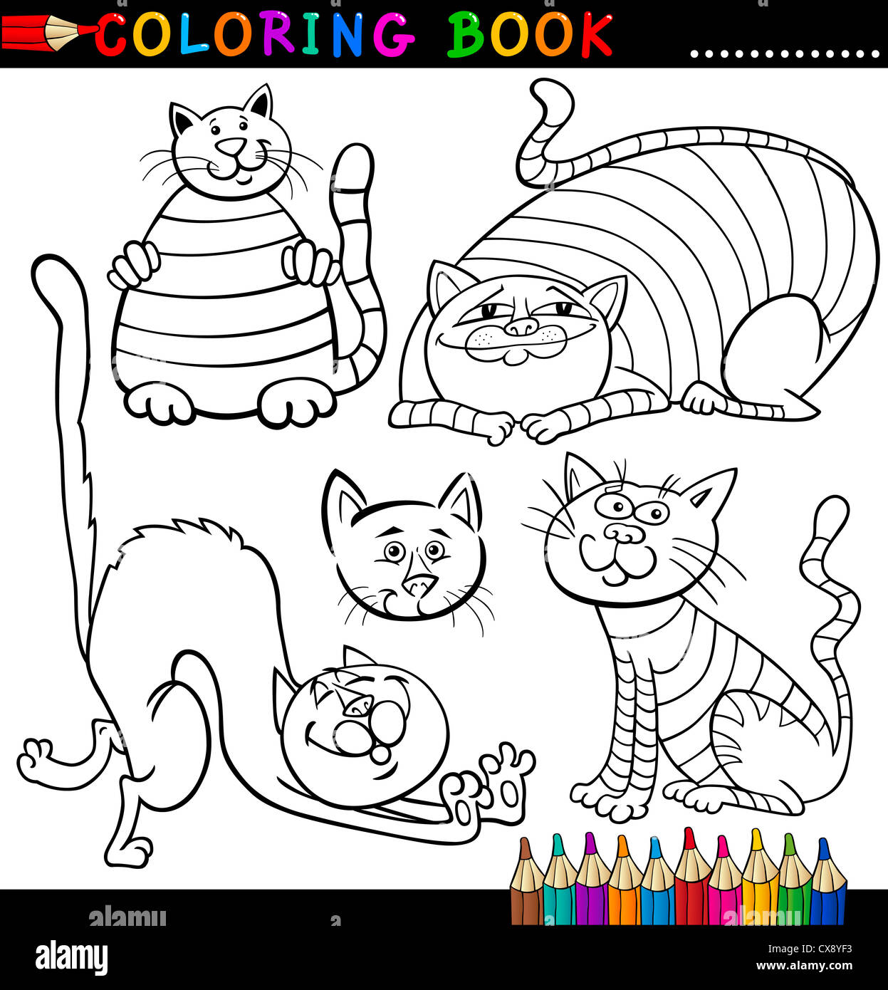Coloring Book or Page Cartoon Illustration of Funny Cats for Children ...