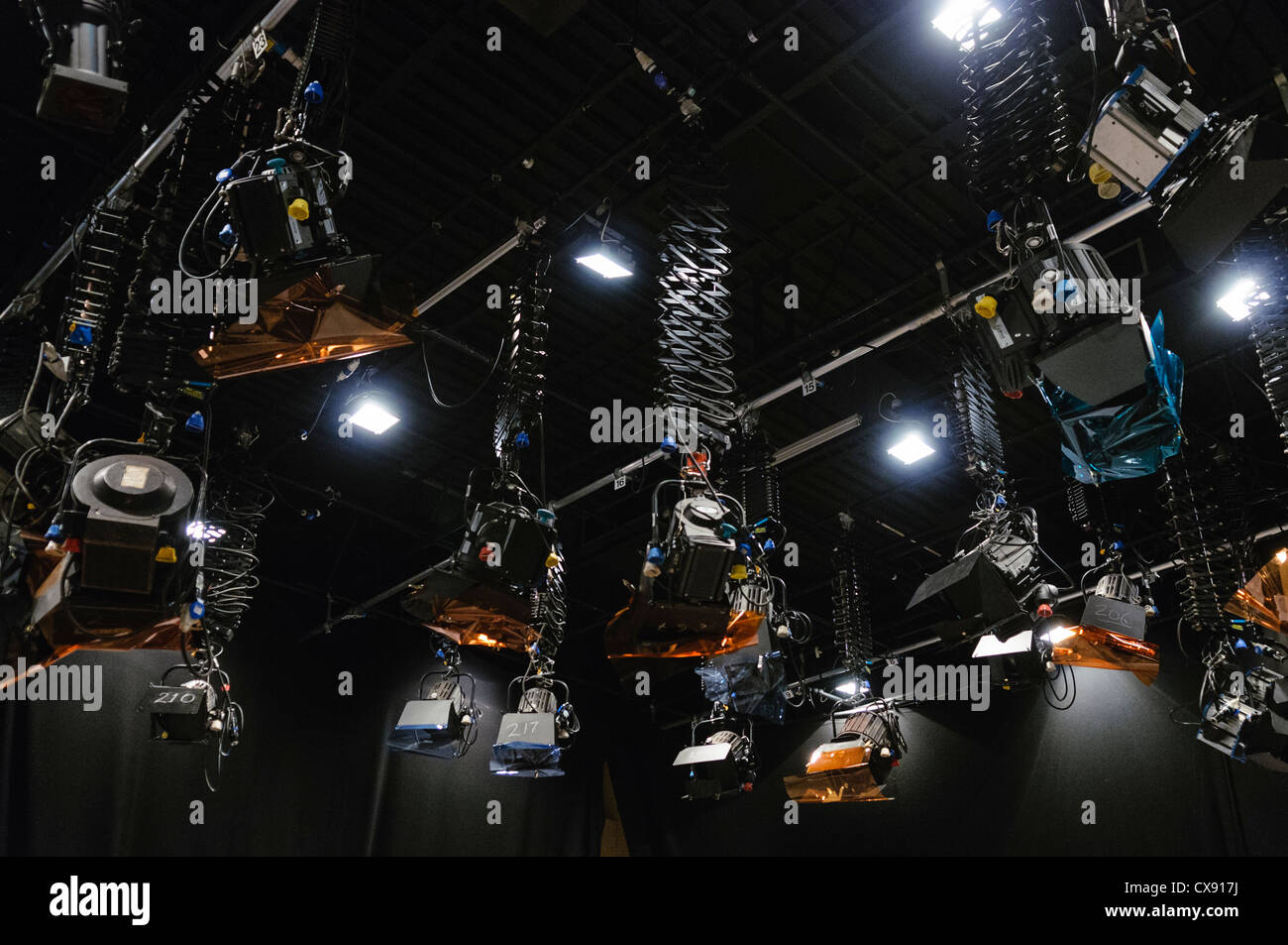 Flexible lighting mounted on the ceiling of a television studio Stock ...