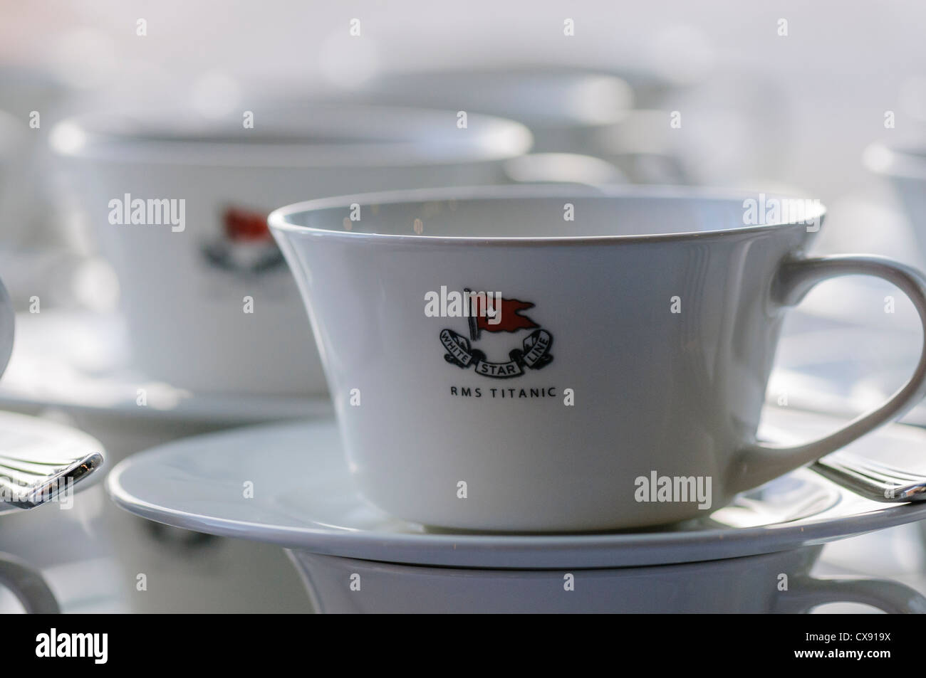White Star Line tea cups with "RMS Titanic", in use at Titanic Belfast ...