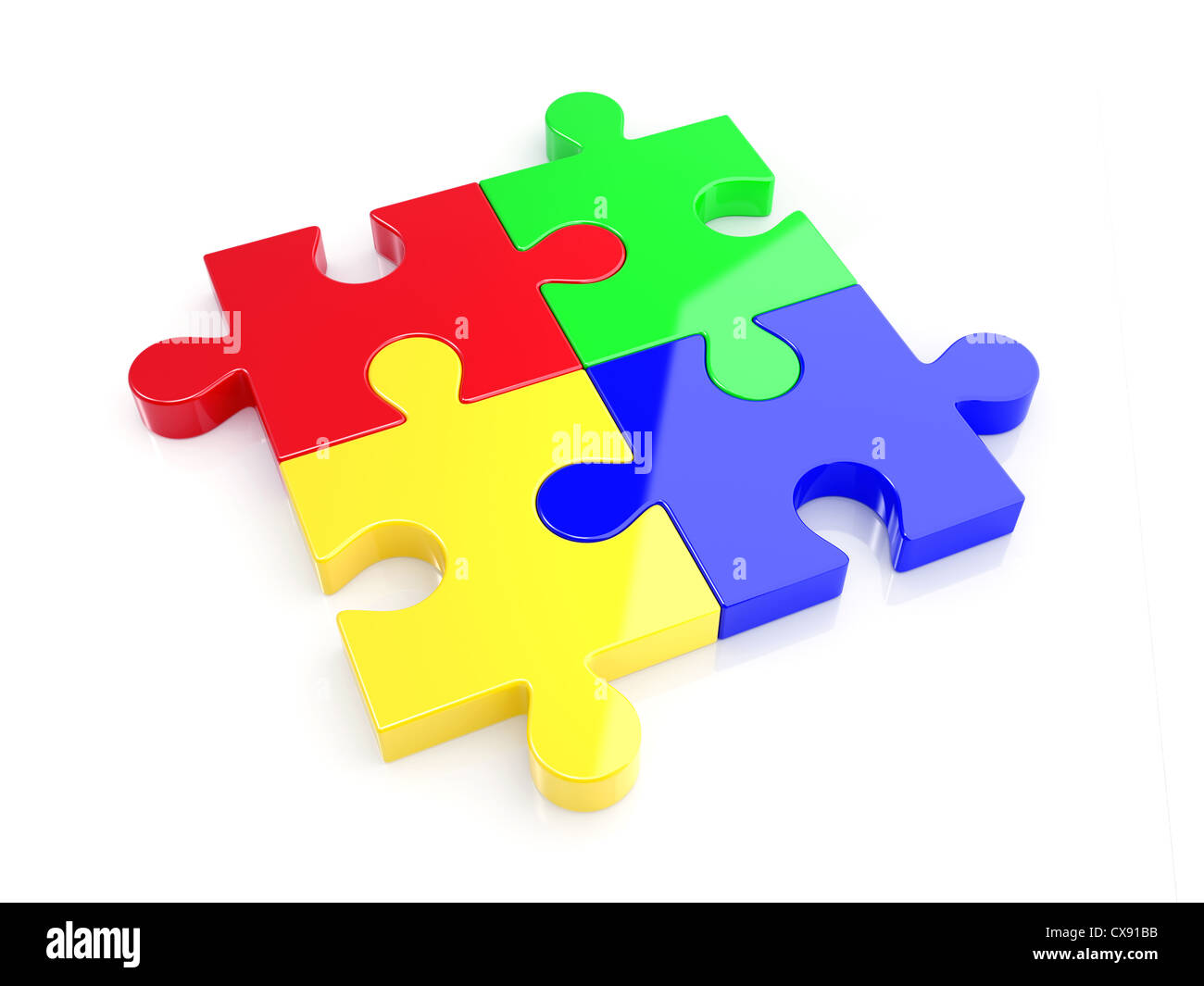 3d illustration of four color puzzle concept. Isolated on whote ...