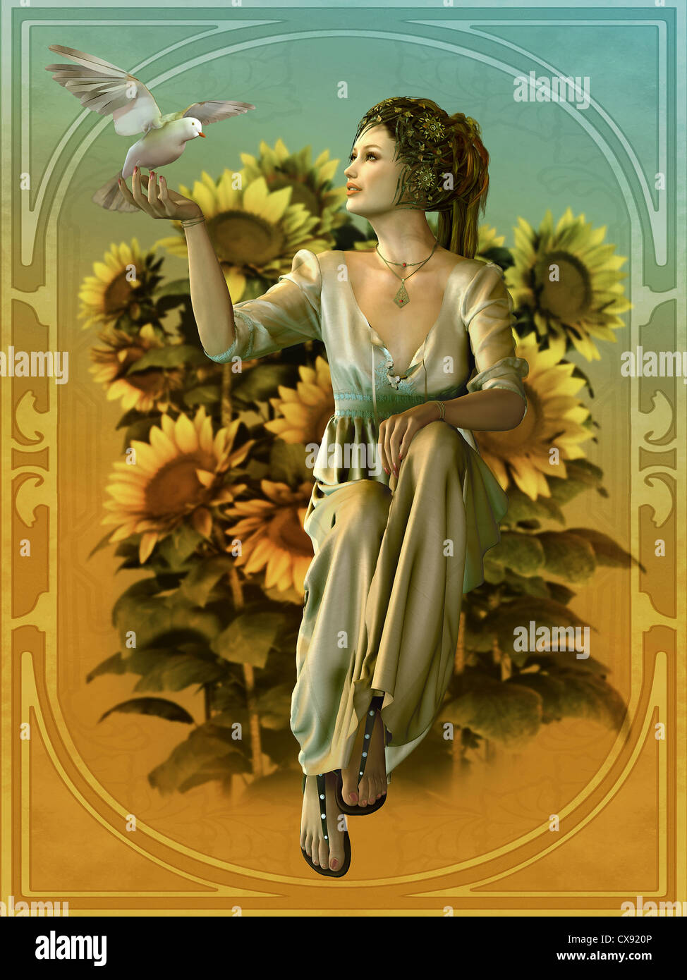 illustration of a young woman who represents the midday Stock Photo - Alamy