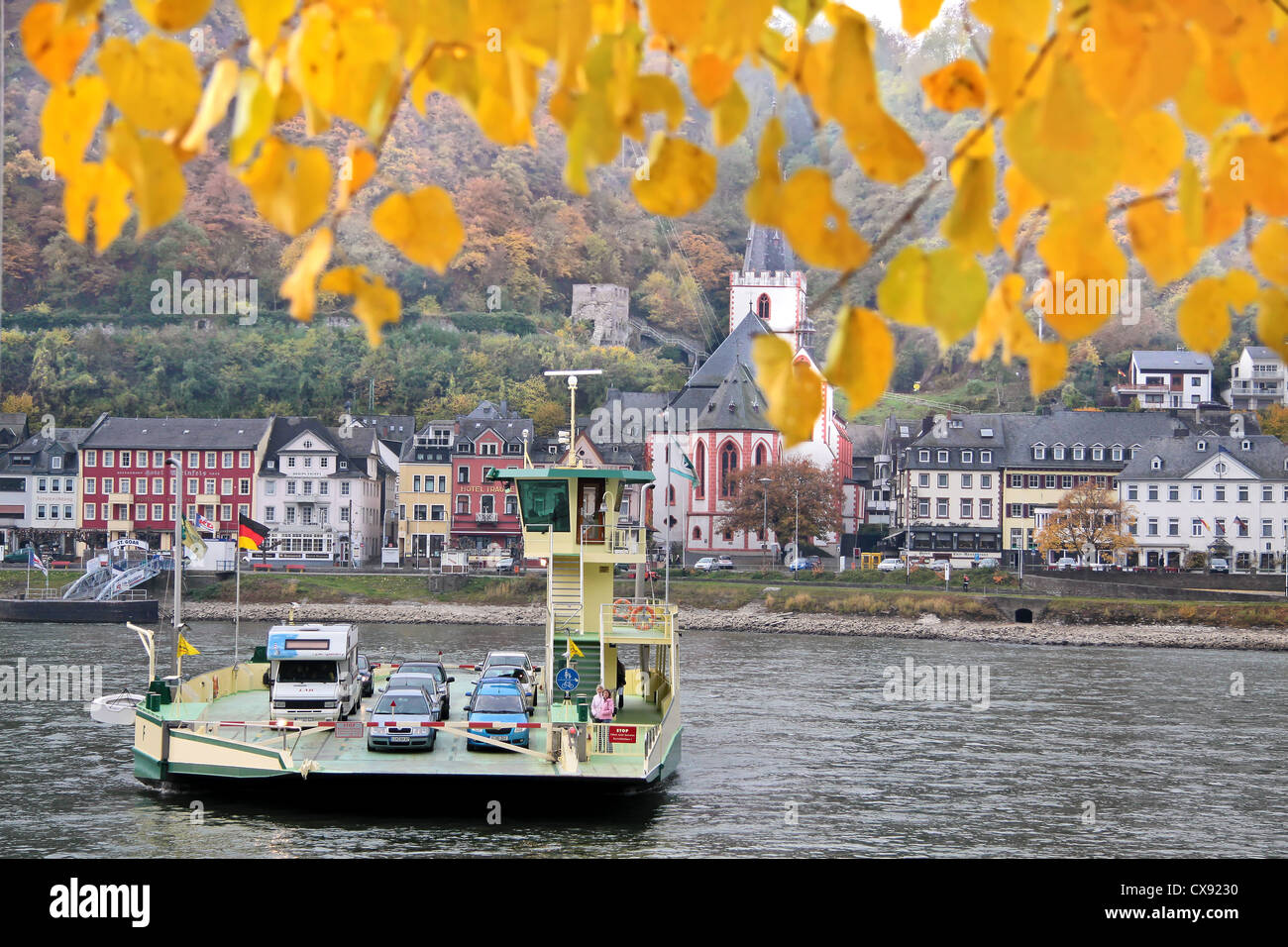 Car ferry across the Rhine River between St. Goar and St. Goarshausen ...