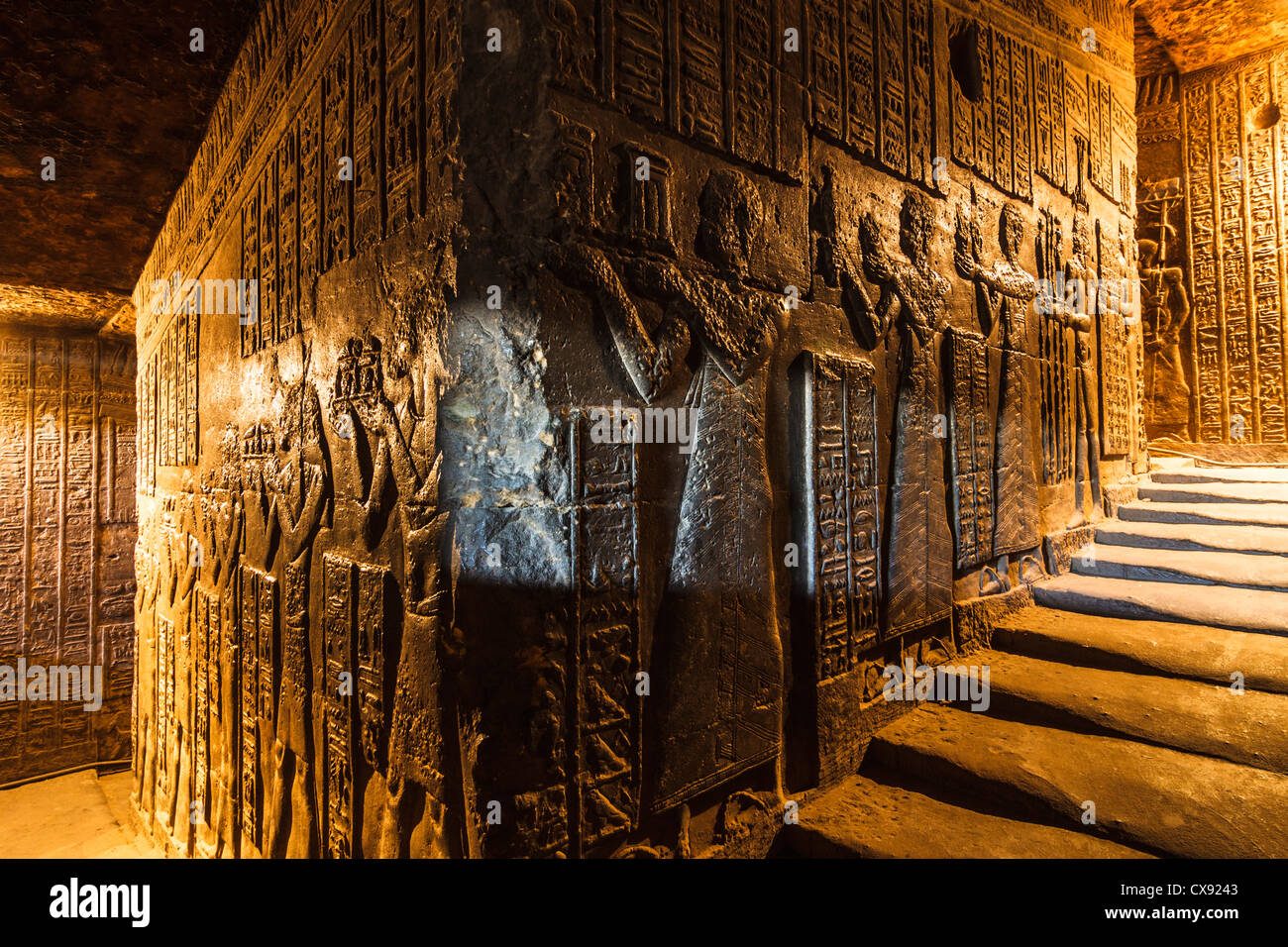 Reliefs at an interior stairway at the Temple of Hathor in Dendera. Qena, Egypt Stock Photo - Alamy