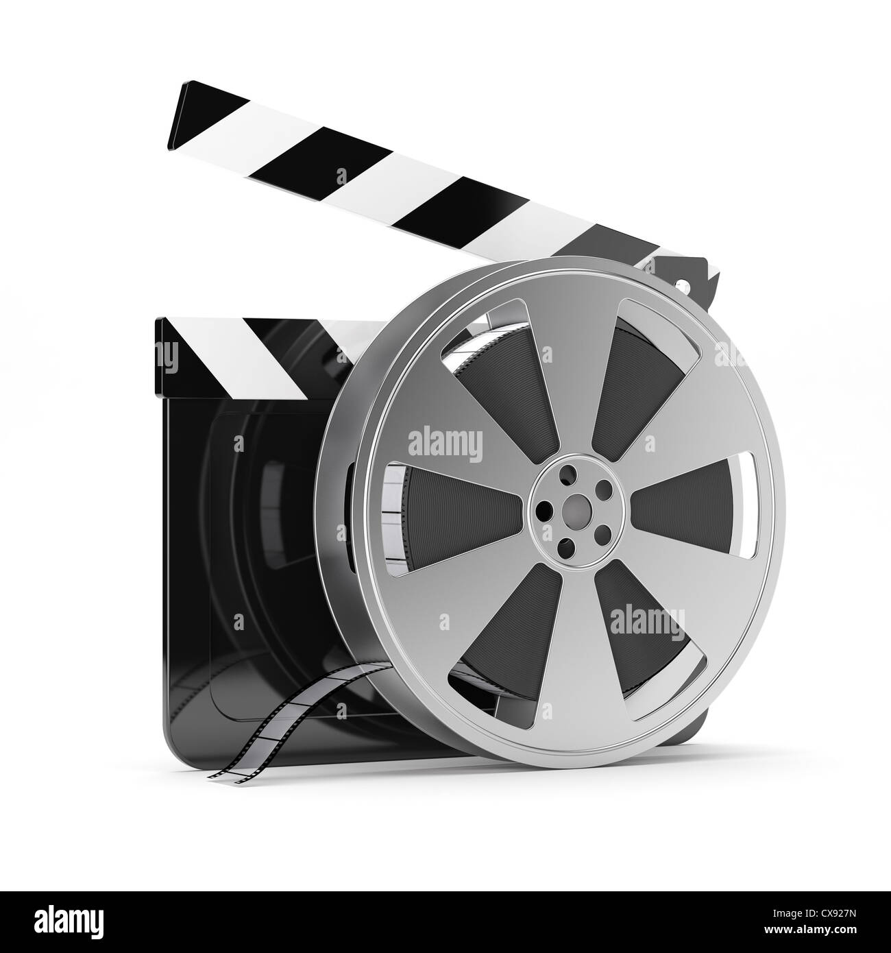 3d render of clapper board with film reel isolated on white background ...