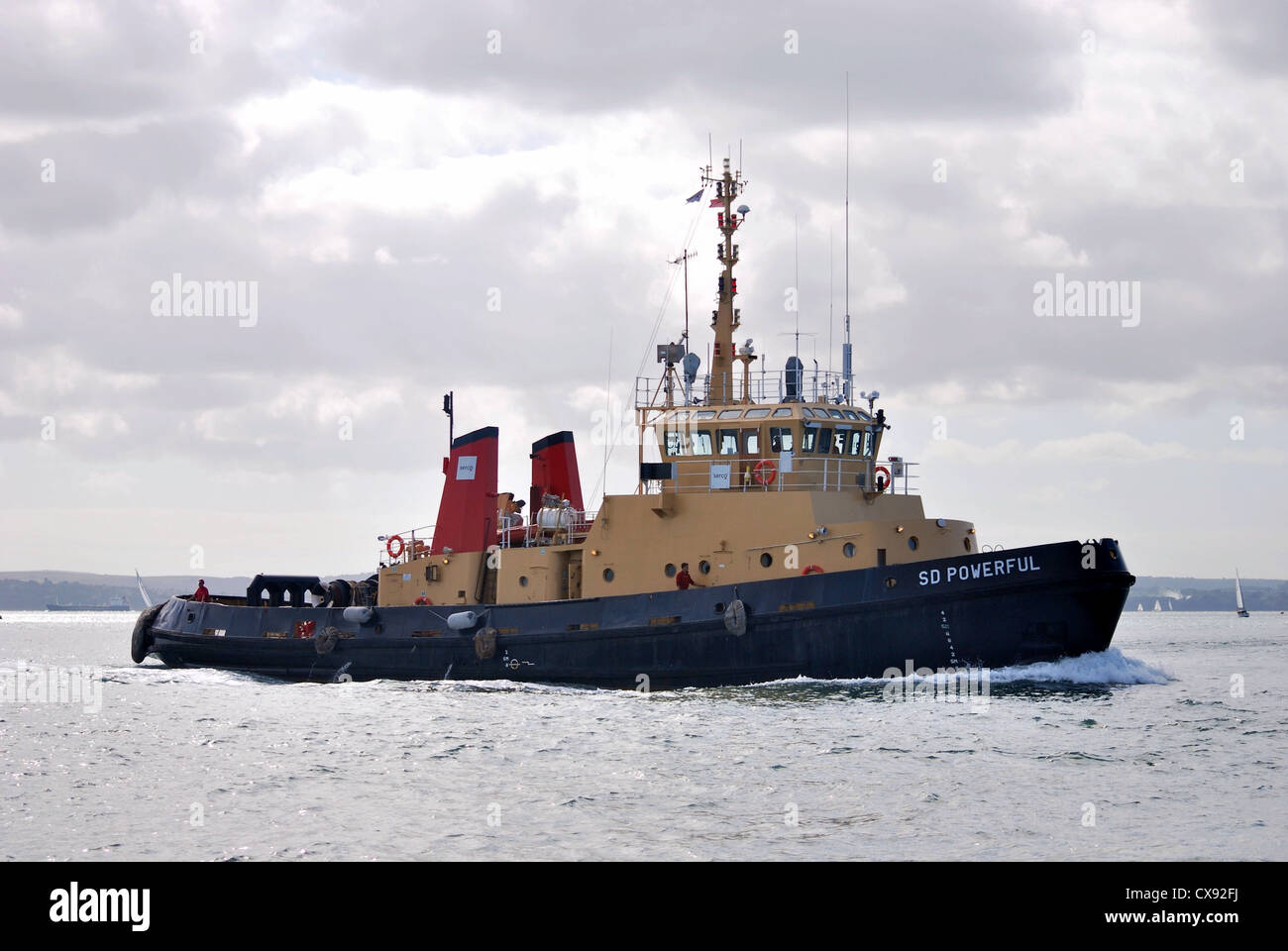 The tugboat SD Powerful enters Portsmouth harbour. The SD stands for ...